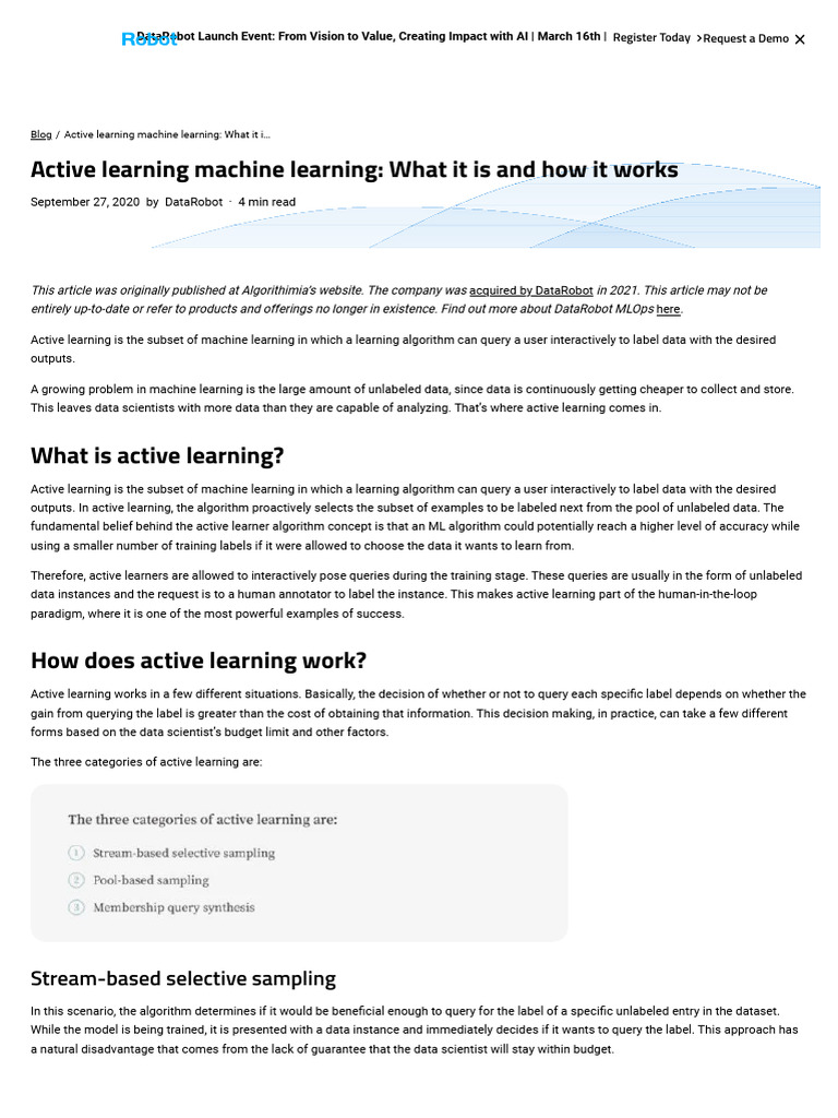 Active Learning Machine Learning - What It Is and How It Works - DataRobot AI Platform | PDF ...