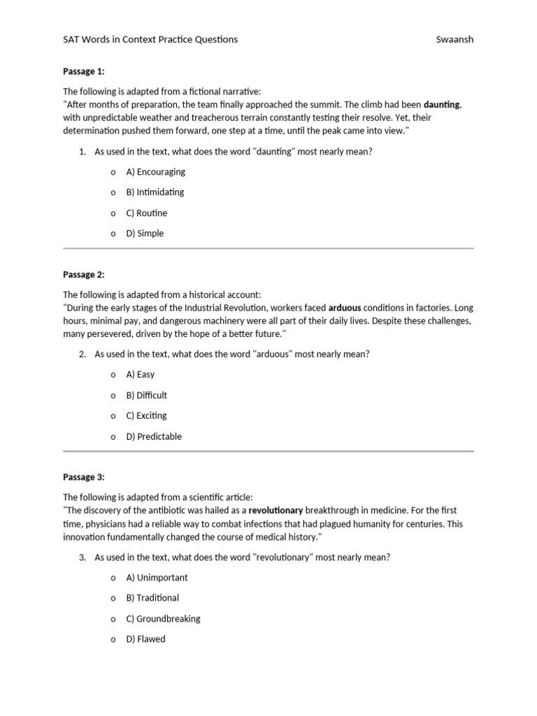 SAT Vocabulary Context Questions | PDF | Emotions