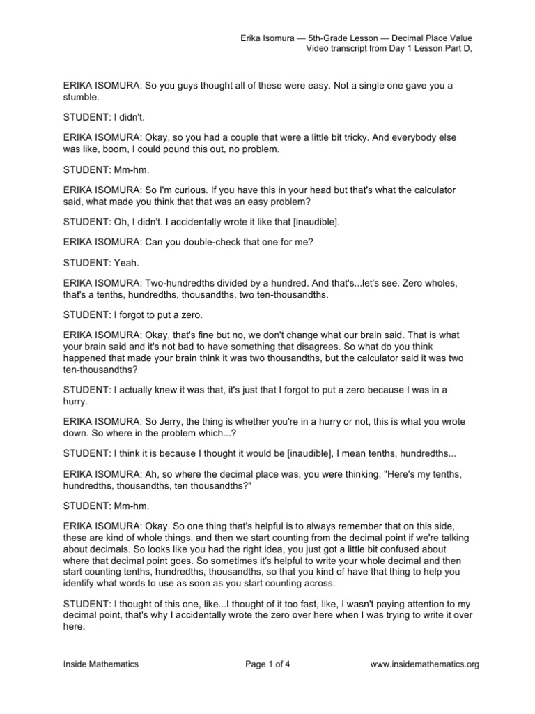 5th Grade Decimal Place Transcript Day 1 Lesson Part D | PDF | Numbers ...