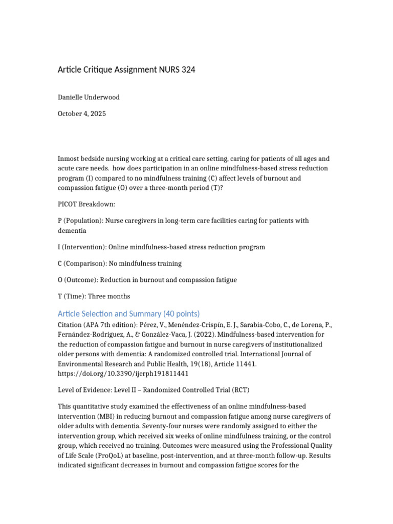 NURS324 Article Critique Assignment | PDF | Nursing | Mindfulness