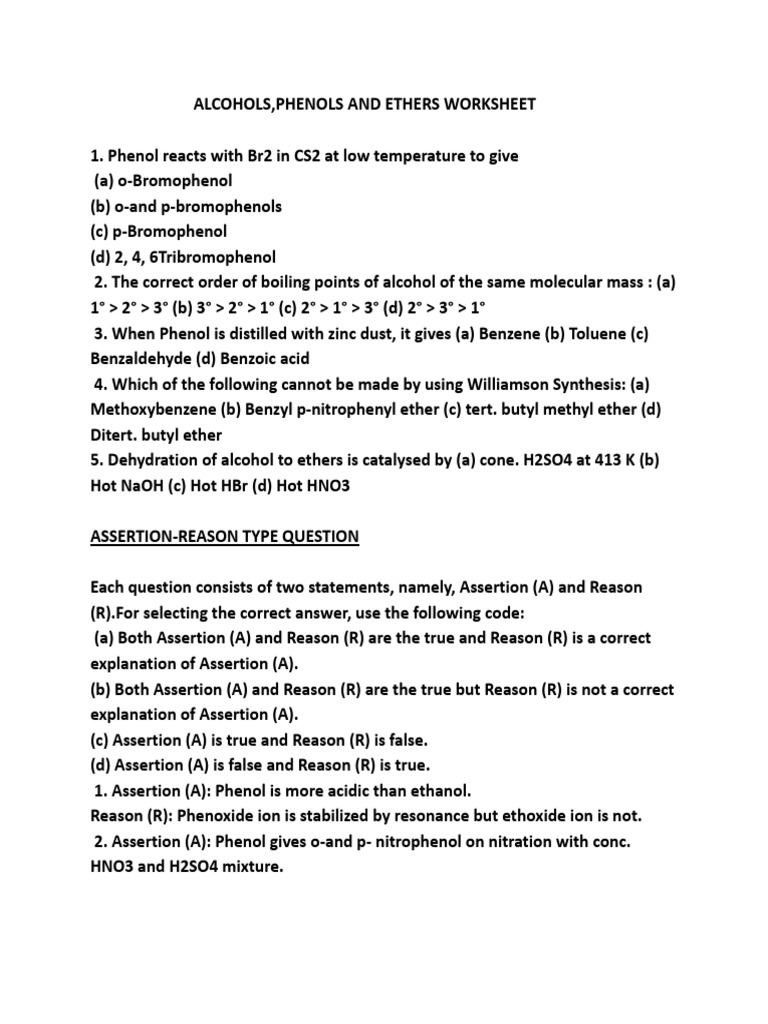 Alcohols, Phenols and Ethers Worksheet | PDF | Ethanol | Ether