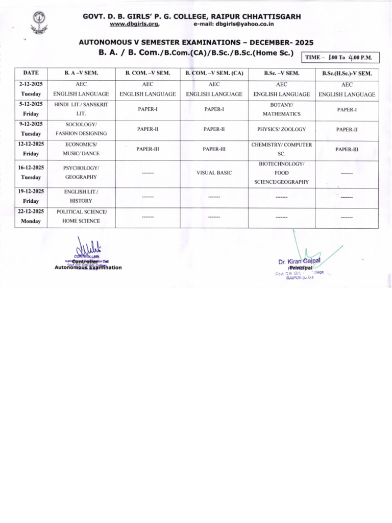 UG I, III, V Sem Time Table DEC 2025 - 251114 - 143245 | PDF | Science ...