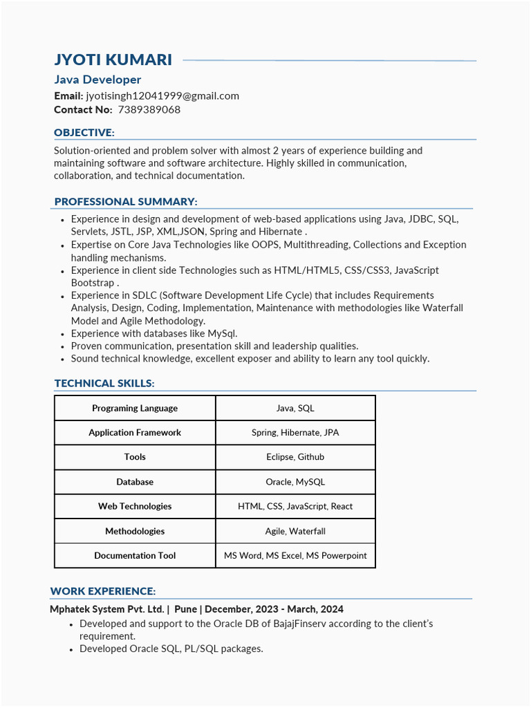 Jyoti Kumari's - Resume | PDF | Java (Programming Language) | Software Engineering
