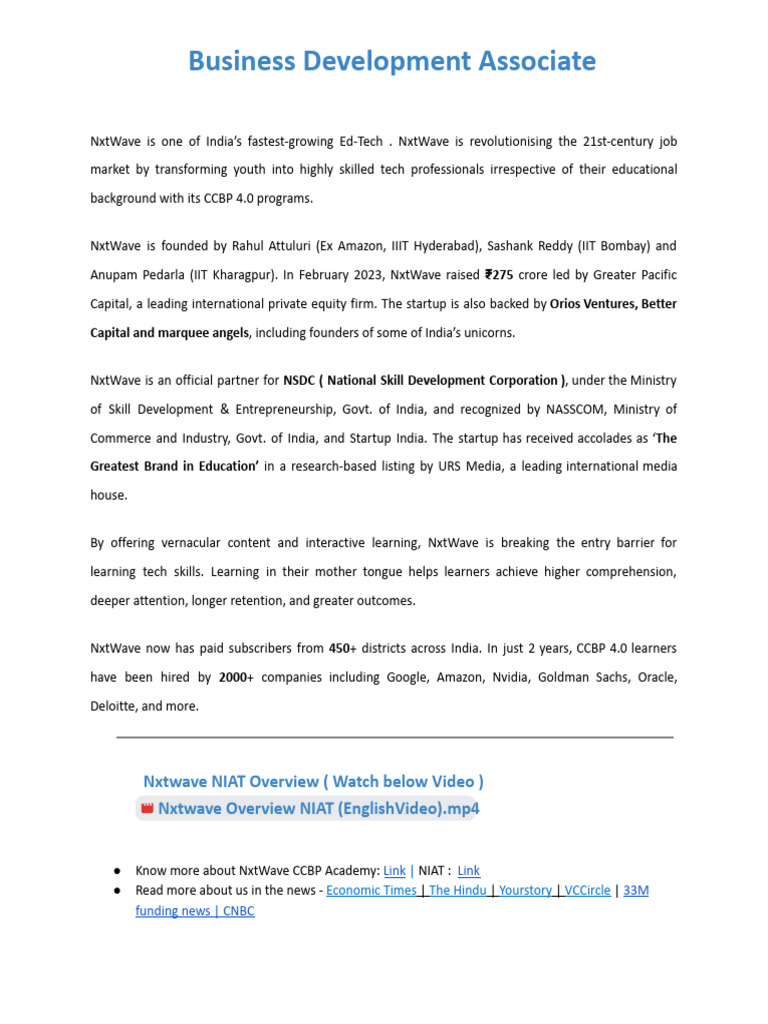 Business Development Associate Role at NxtWave | PDF | Educational ...
