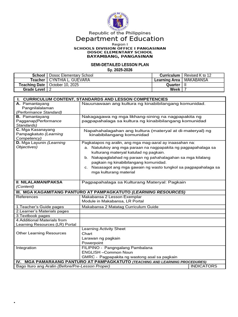 Matatag 2 q2 w7 LP Matatag Format | PDF | Learning | Curriculum