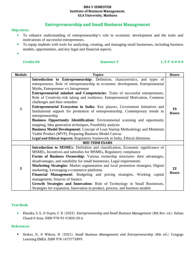 Entrepreneurship & Small Business Management Syallbus | PDF ...