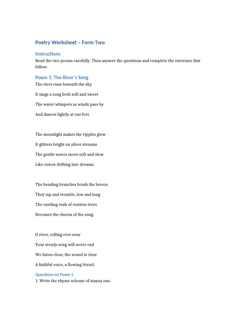 Poetry Worksheet for Form Two Analysis | PDF