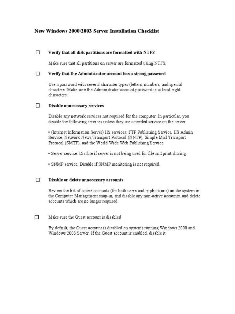 New Server Checklist | Windows Registry | Windows 2000