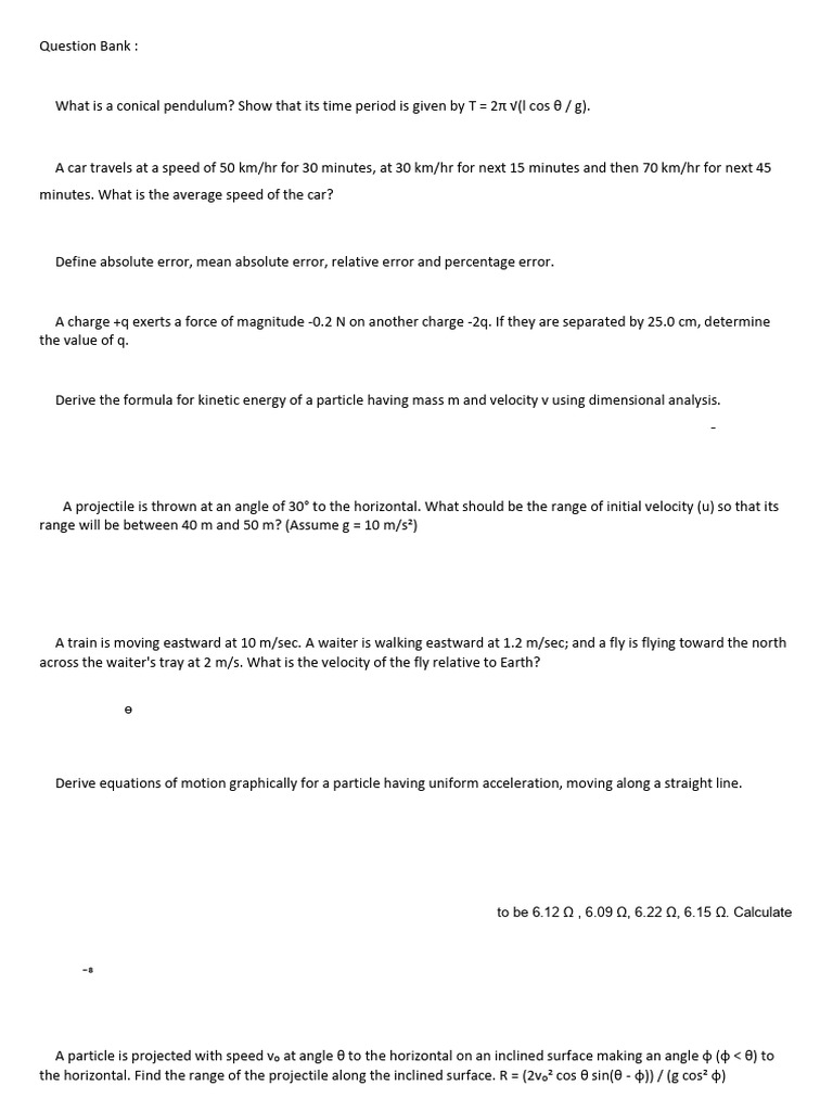 Physics Question Bank on Kinematics and Errors | PDF | Force | Velocity