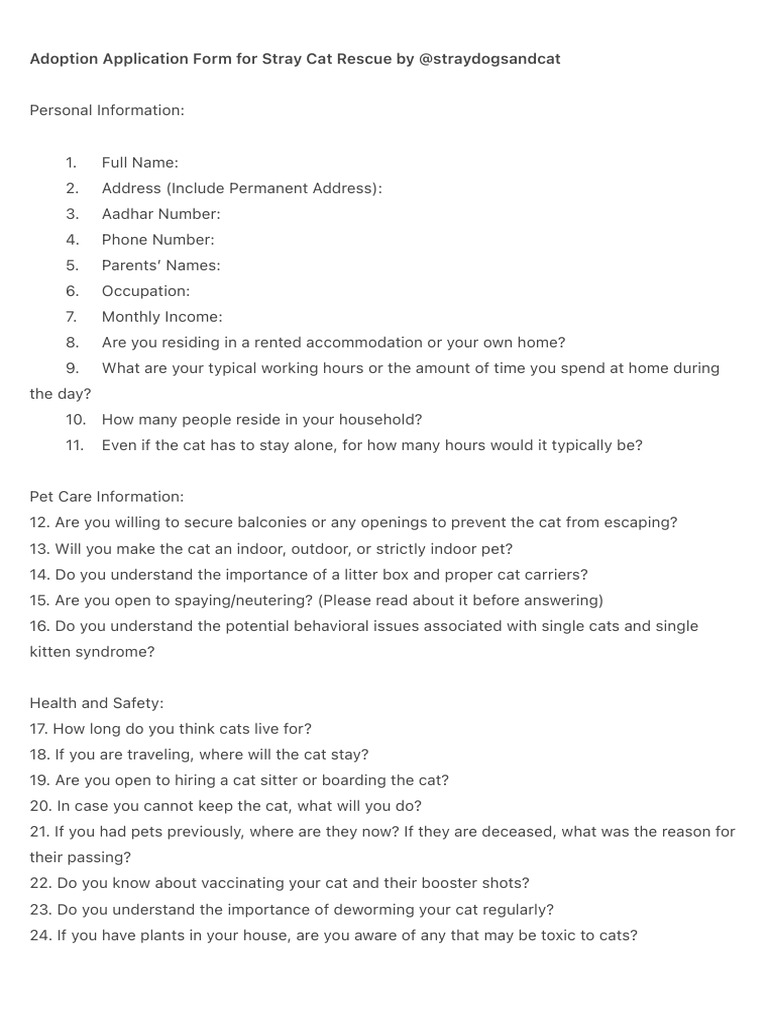 Stray Cat Adoption Application Form | PDF | Cats | Behavioural Sciences