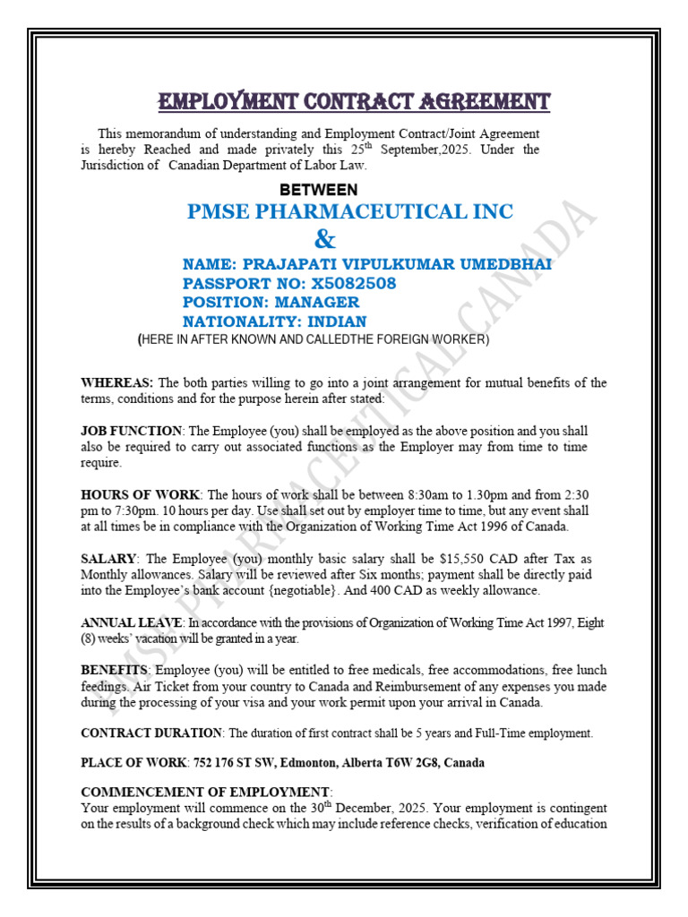 Pmse Pharmaceutical Employment Contract Agreement | PDF | Employment | Salary