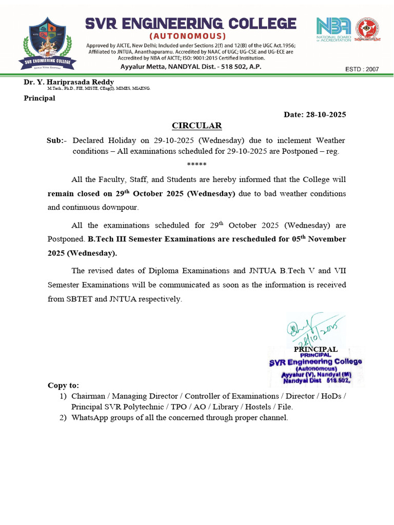 2025-10-28 Circular - Holiday On 29-10-2025 Due To Heavy Down Pour | PDF