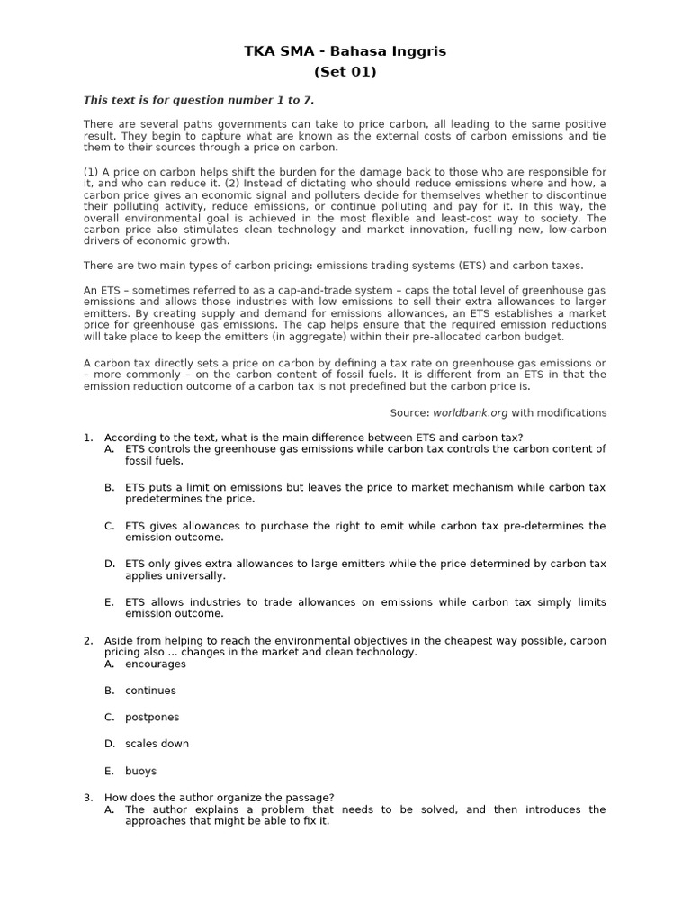 Soal TKA Set 01 | PDF | Carbon Tax | Emissions Trading