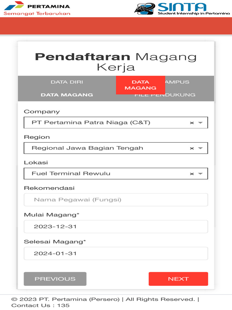 Pendaftaran Magang Kerja - Sinta PT. Pertamina (Persero) | PDF