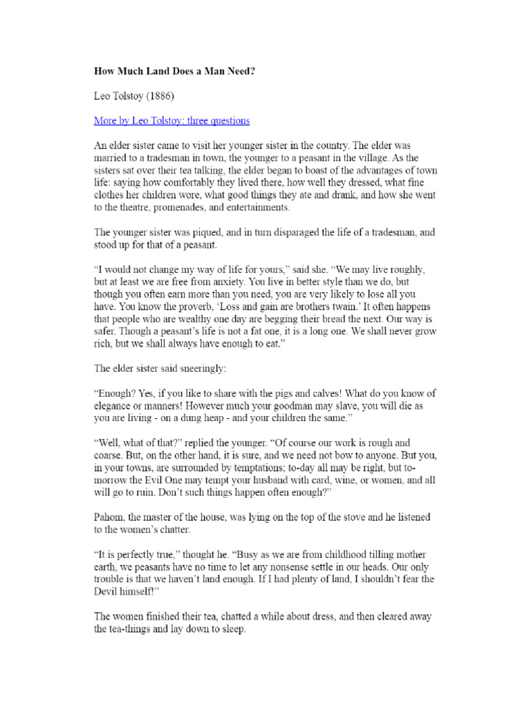 Tolstoy Leo How Much Land Does A Man Need 1886 | PDF