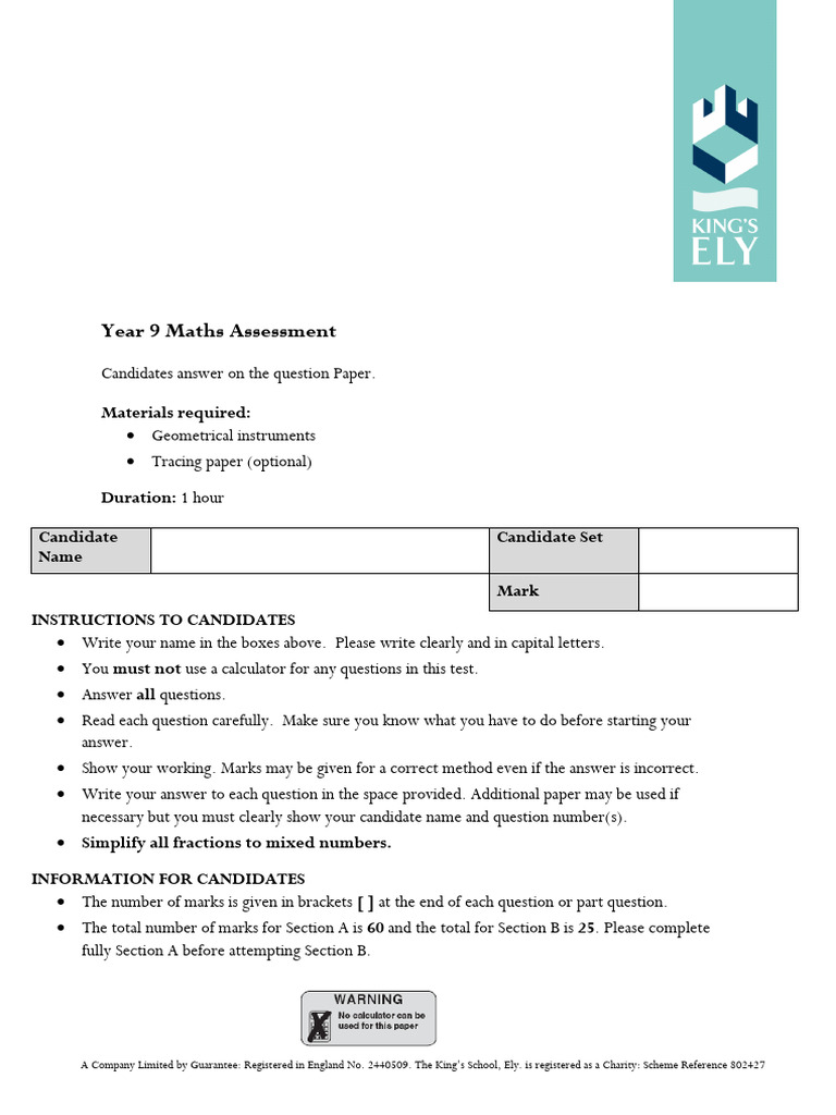 YR9 Maths Entrance Assessment Practice Paper B | PDF | Chess | Chess Theory