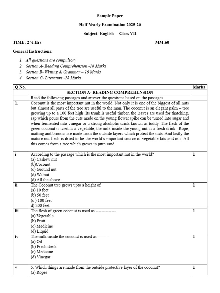 Class VII English Half-Yearly Exam Paper | PDF | Coconut | Trees