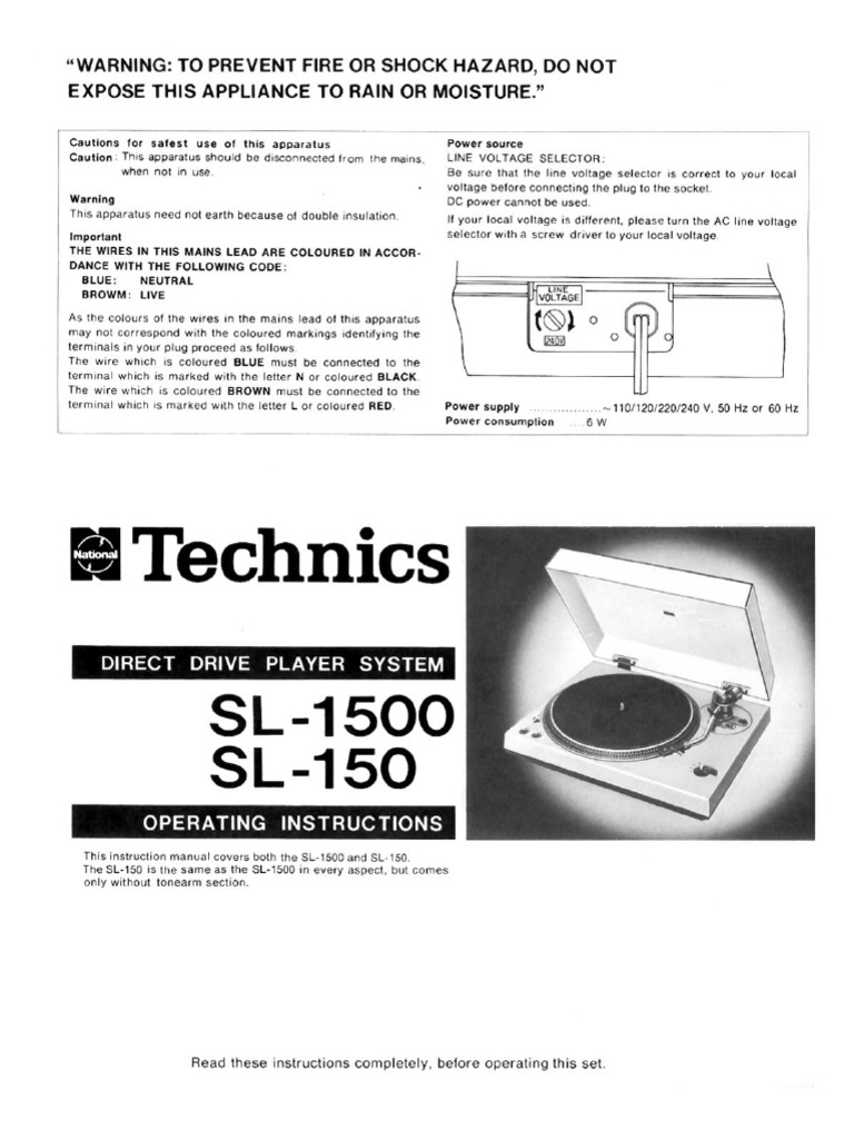Technics Sl-150, Sl-1500 Turntable User Manual | PDF