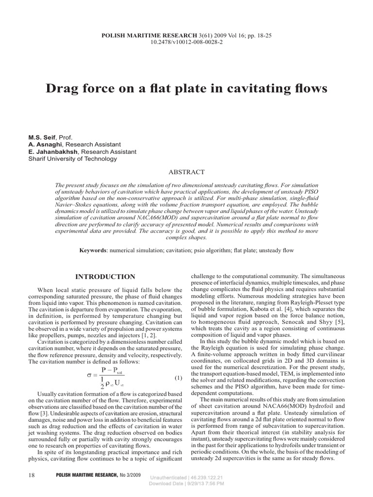Drag Force on a Flat Plate in Cavitating Flows | PDF | Fluid Dynamics ...