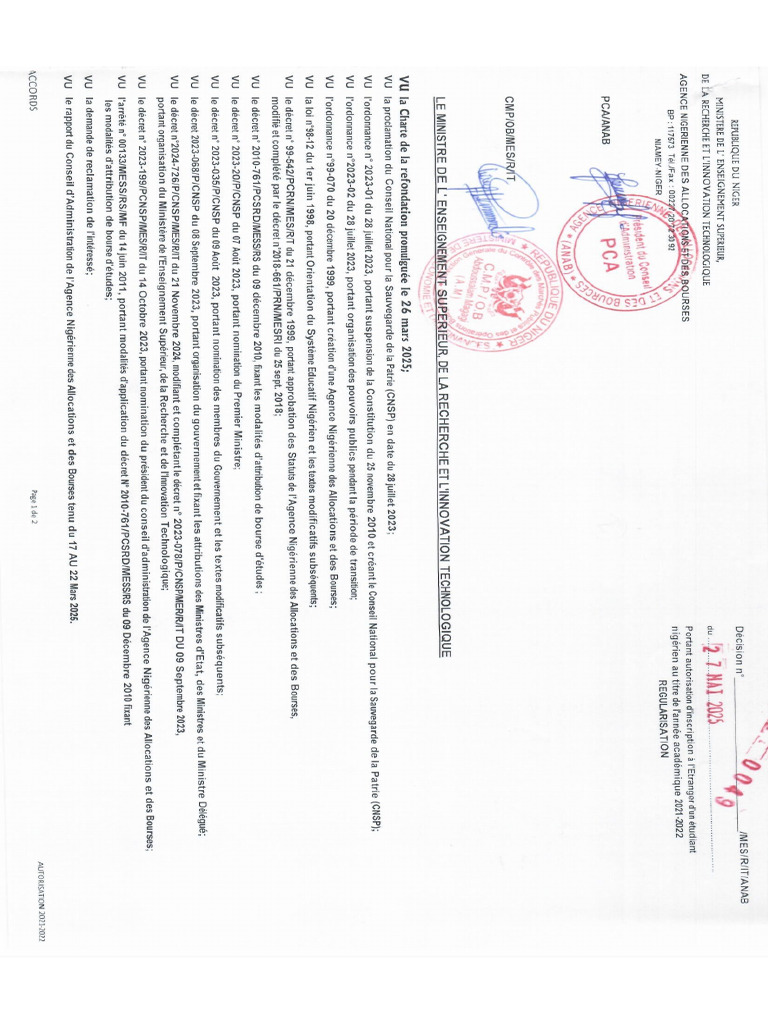 Décision N°0049-MES-RIT-ANAB Du 27 Mai 2025 (Autorisation D'inscription ...
