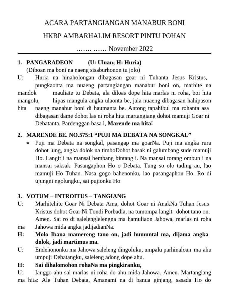Acara Partangiangan Manabur Boni Hkbp Ambarhalim | PDF