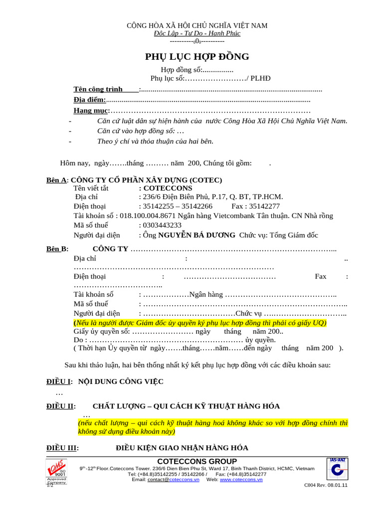 C-004 Phu Luc Hop Dong | PDF