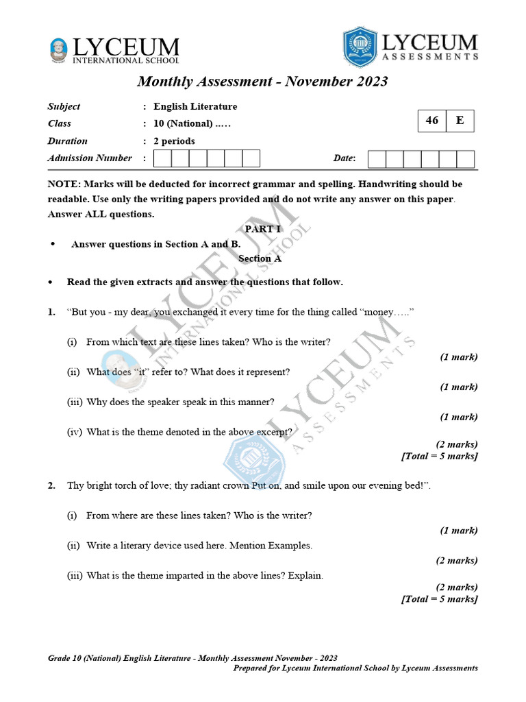 Grade 10 English Literature Assessment Nov 2023 | PDF