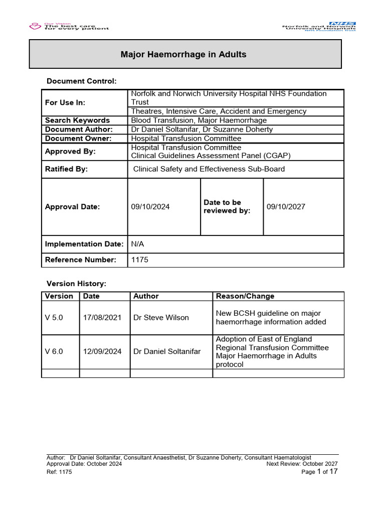 Major Haemorrhage in Adults v6 | PDF | Bleeding | Blood