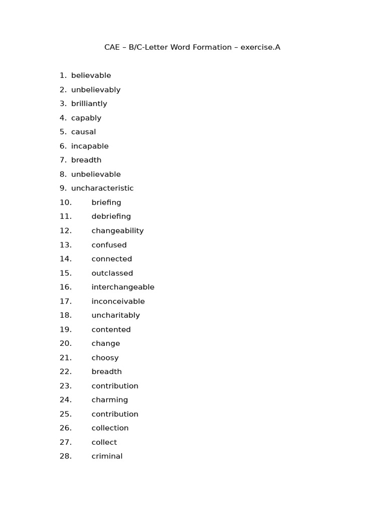 CAE - B C-Letter Word Formation - Exercise.A | PDF