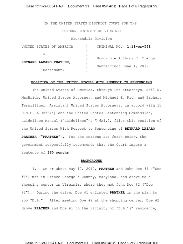 Reynard Prather Govt Sentencing Memo | PDF | Presentence Investigation ...