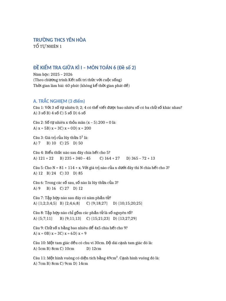 De Kiem Tra Toan6 GK1 De2 | PDF