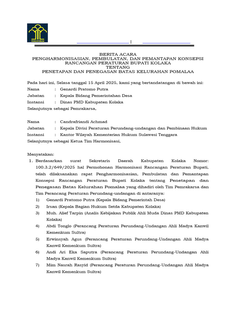 06 BA Ranperbup Klk Bts Kel. Pomalaa | PDF