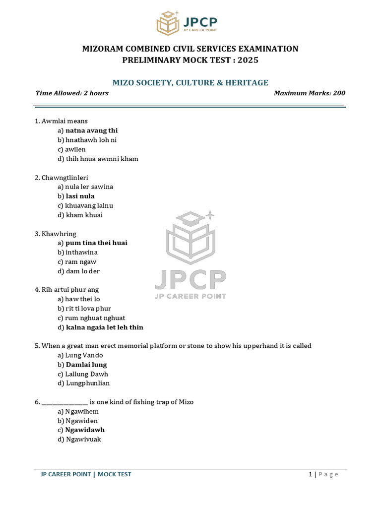 Mizo Society, Culture & Heritage With Answer Key | PDF