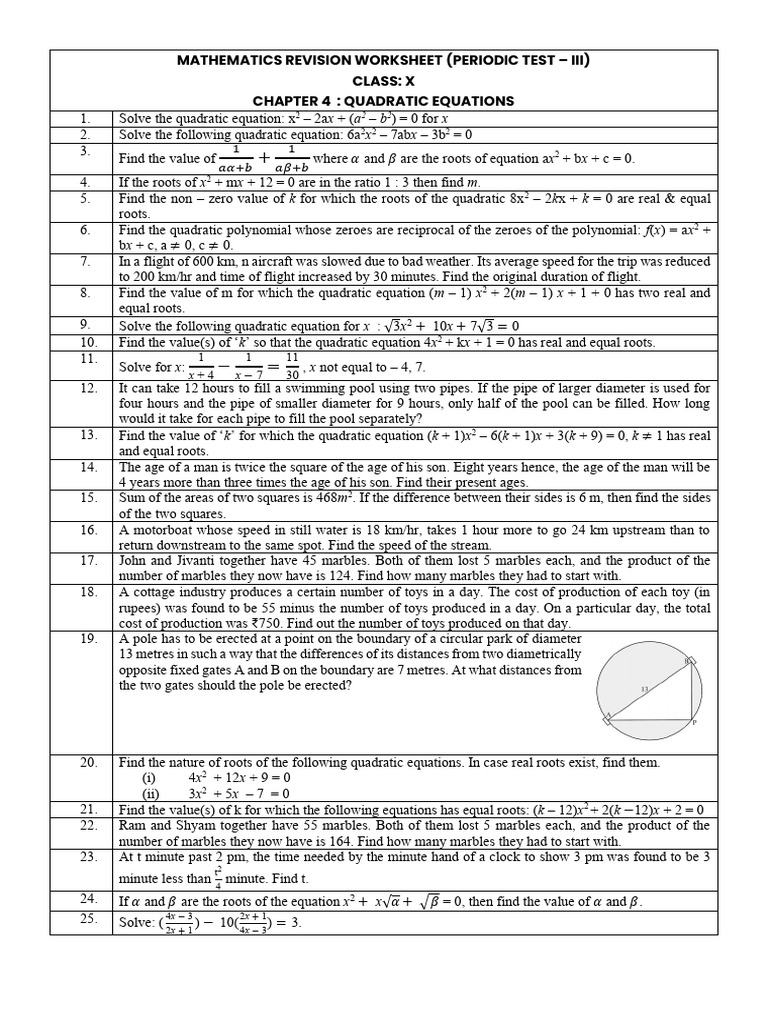 Class X Quadratic Equations Worksheet | PDF | Quadratic Equation | Zero ...