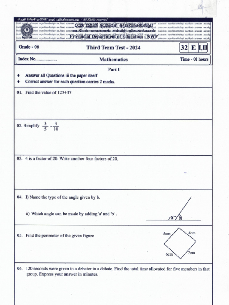 Grade 06 Mathematics EM Paper NWP 2024 Past Paper Wiki (1) | PDF