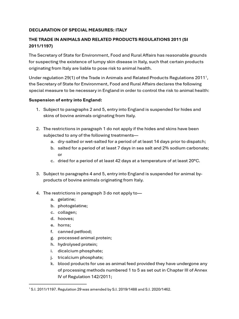 Lumpy Skin Disease in Italy Amendment Declaration of Special Measures ...