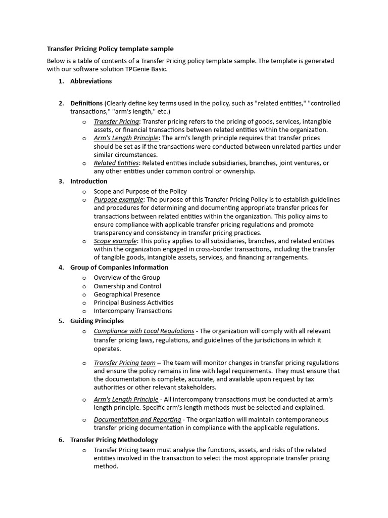 Transfer Pricing Policy Template Sample | PDF | Economies | Business ...