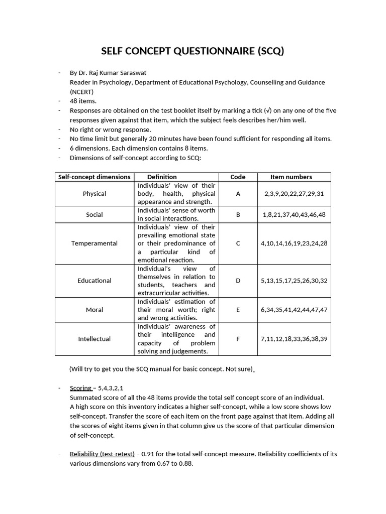 Self Concept Questionnaire (SCQ) | PDF | Self Concept | Popular Psychology