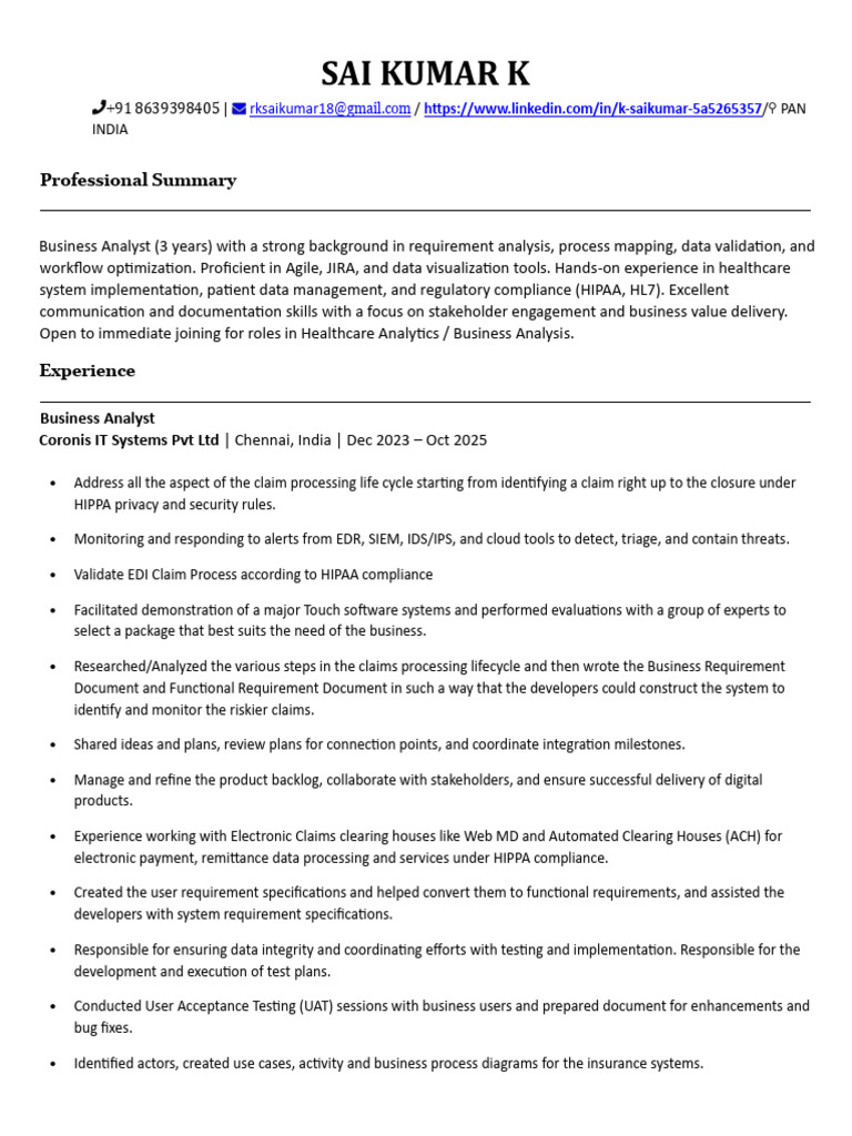 SaiKumar( BA Resume) | PDF | Use Case | Health Insurance Portability And Accountability Act