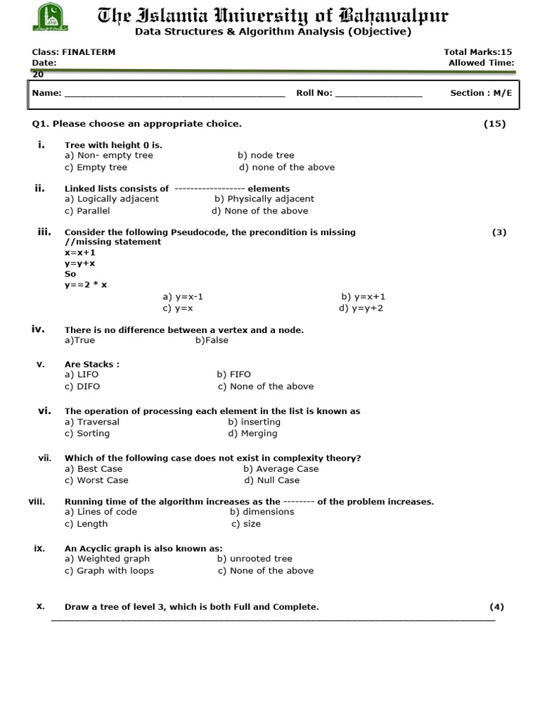 Data Structures & Algorithms Exam Guide | PDF | Applied Mathematics | Algorithms