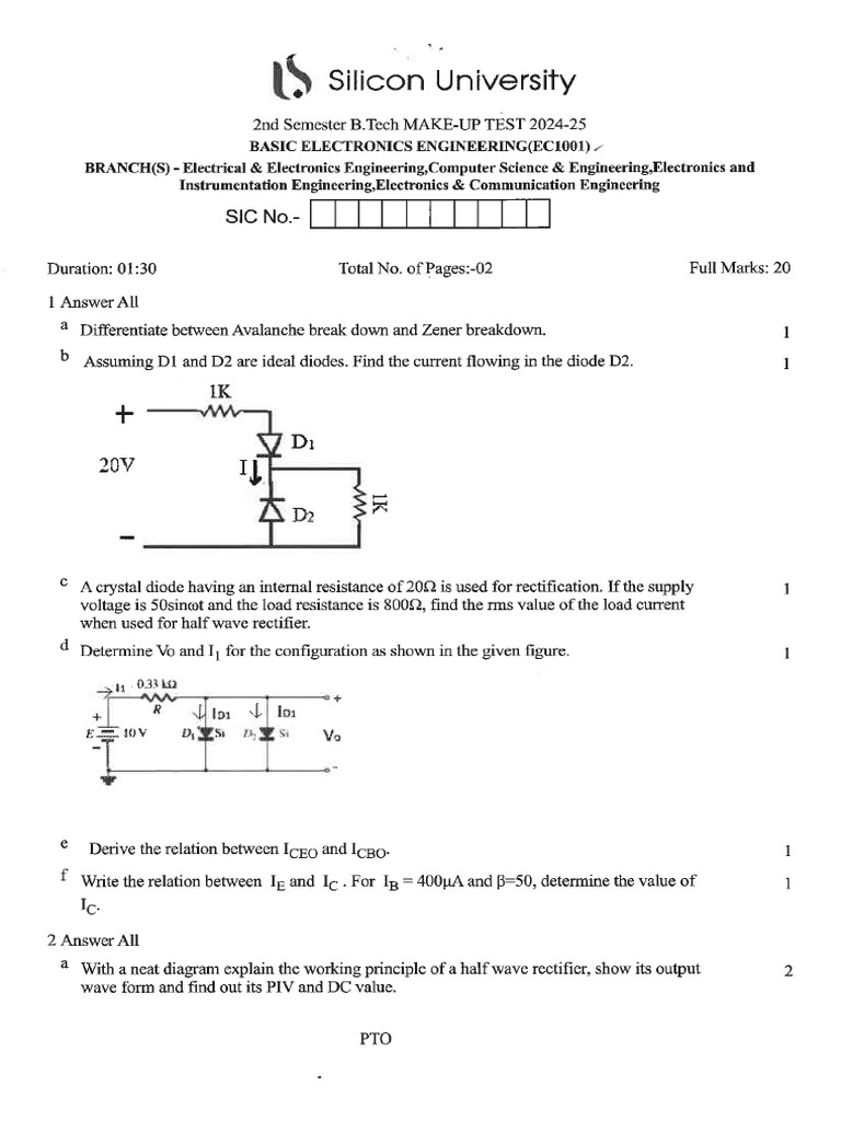 Basic Electronics Engineering (Ec1001) - Makup Mid Term Exam - 2024-2025 | PDF