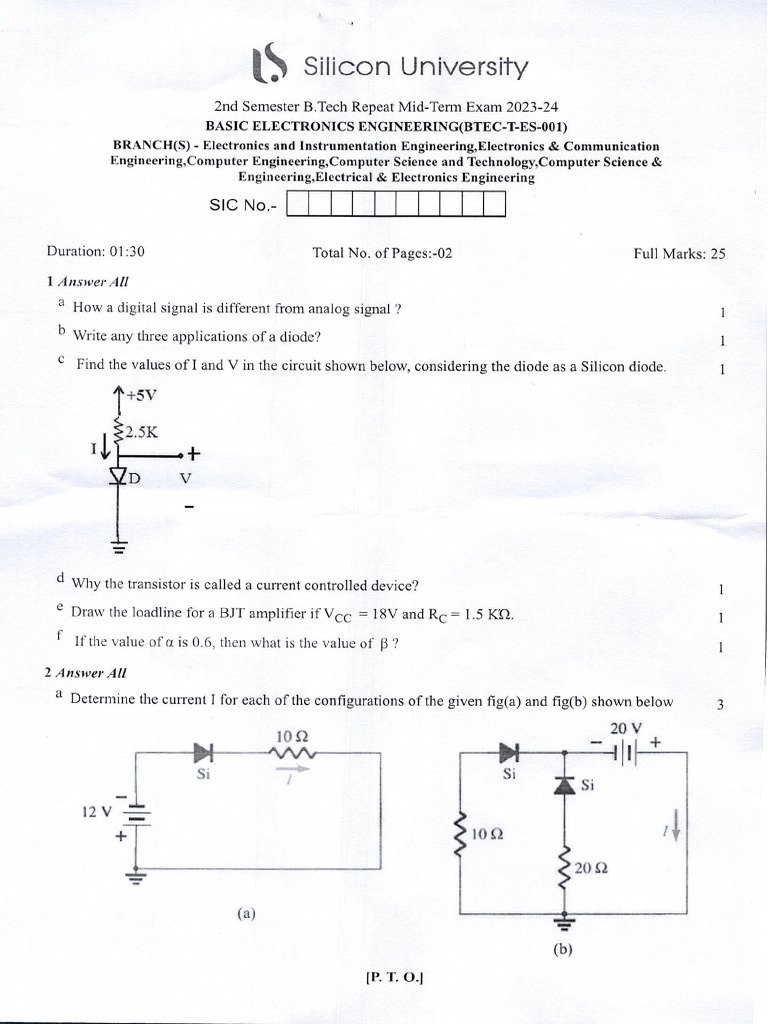 Basic Electronics Engineering(Btec-t-es-001) - Mid Term Repeat Exam - 2023-2024 | PDF