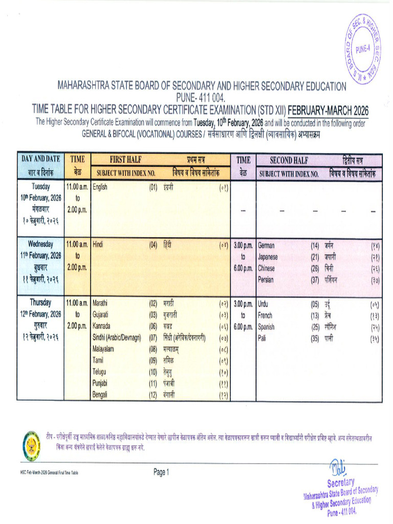 Hsc Board Exam Feb 2026 Time Table _251031_193930 | PDF