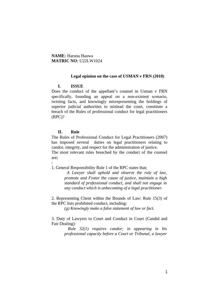 Legal Opinion - Counsel Conduct in Usman V FRN (2018) LPELR-45629 (CA ...