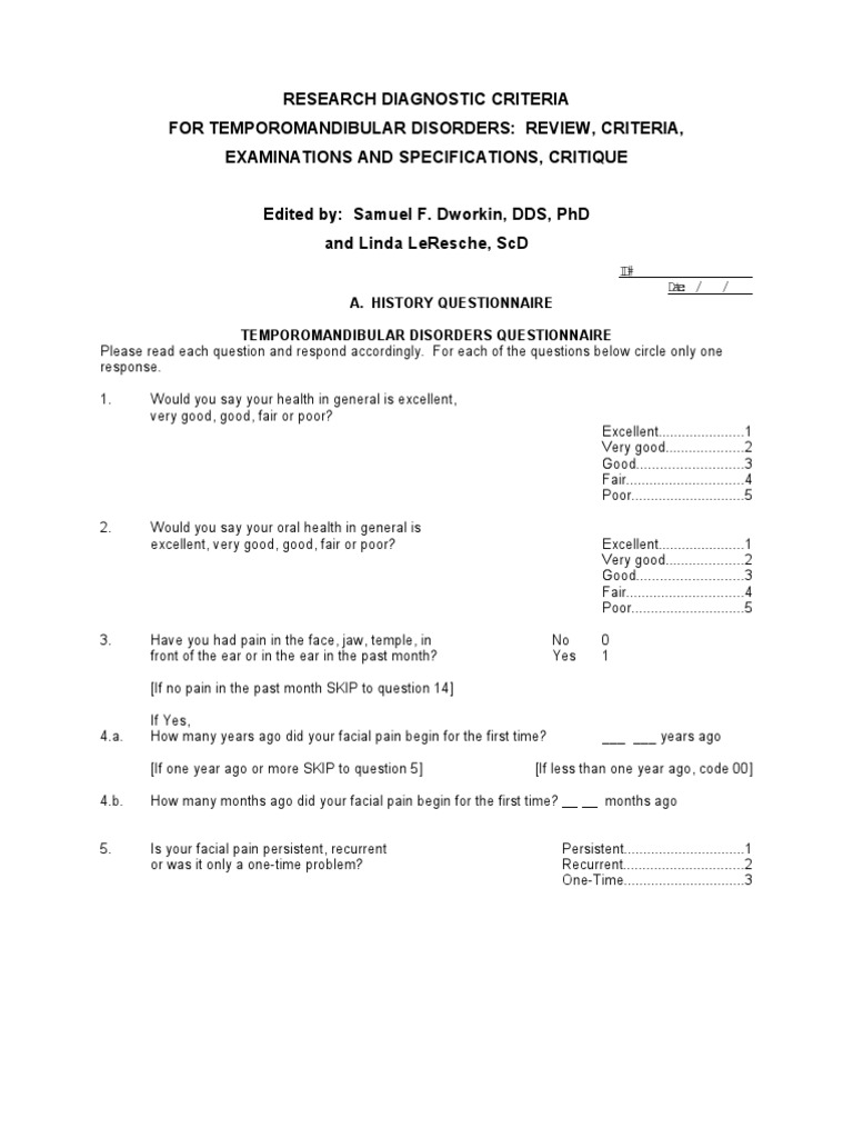 RDC-TMD Patient History Questionnaire - Formatted 8-04-07 | Arthritis ...