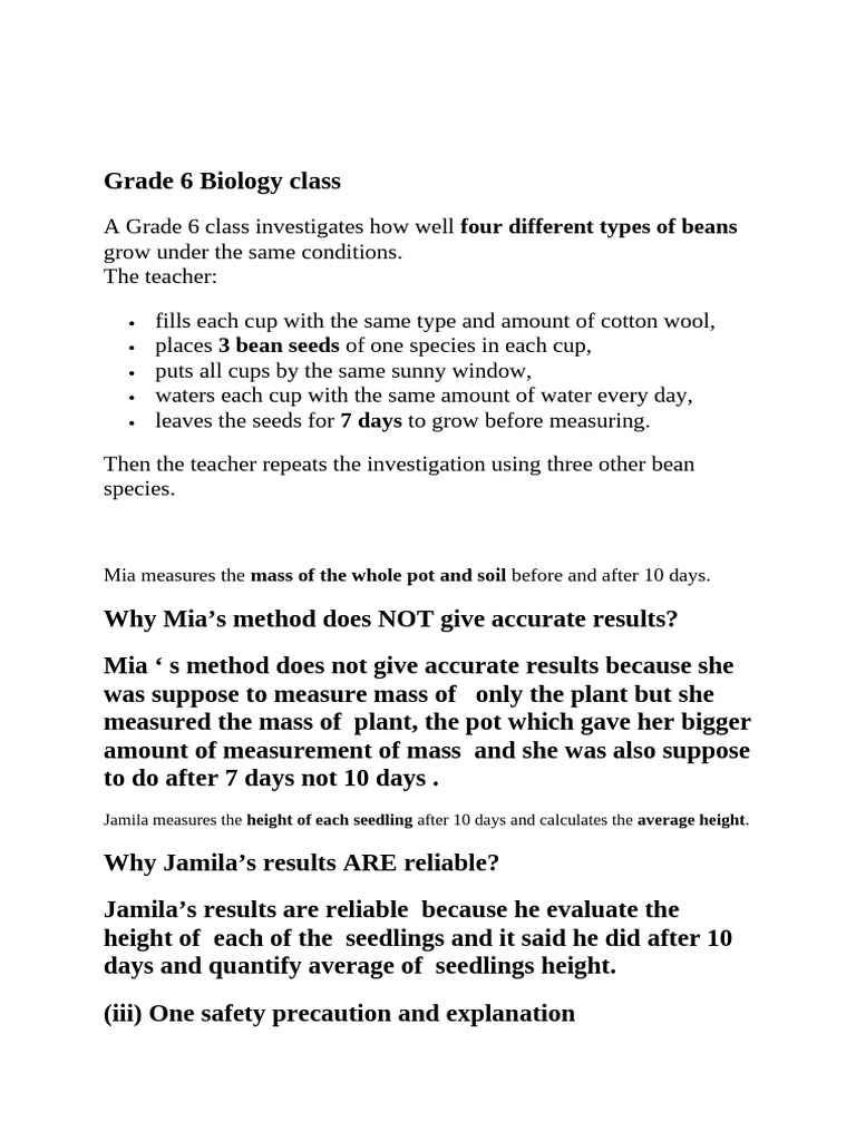 Grade 6 Bean Growth Experiment Insights | PDF | Soil | Plants