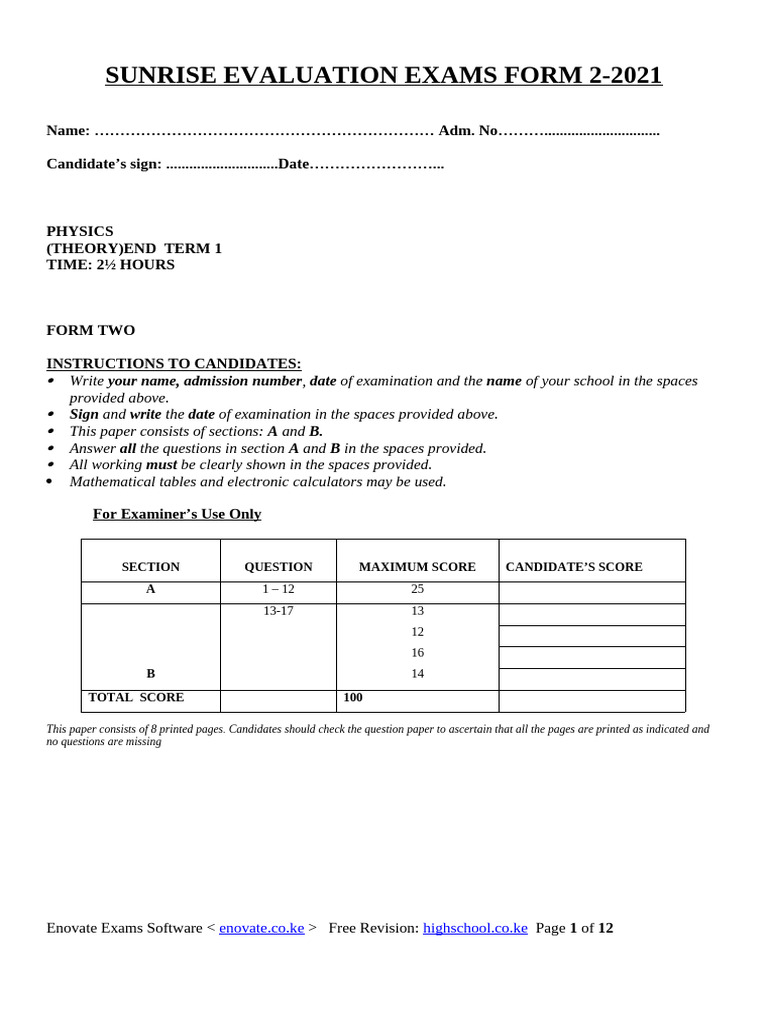 232 Form 2 End Term 1 Exams PHYSICS Questions | PDF | Physical ...