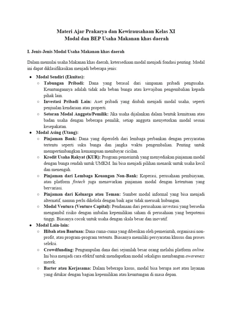 Modal dan BEP Usaha Makanan Daerah | PDF