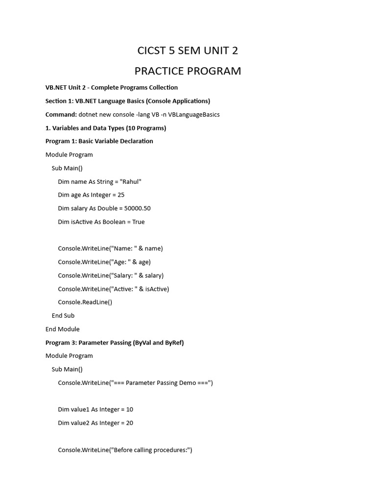 CICST 5 SEM UNIT 2 DOT NET PRACTICE PROGRAM | PDF | Boolean Data Type | Anonymous Function