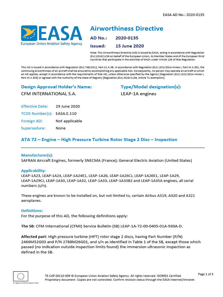 EASA AD 2020-0135: LEAP-1A Engine Inspection | PDF | Aviation